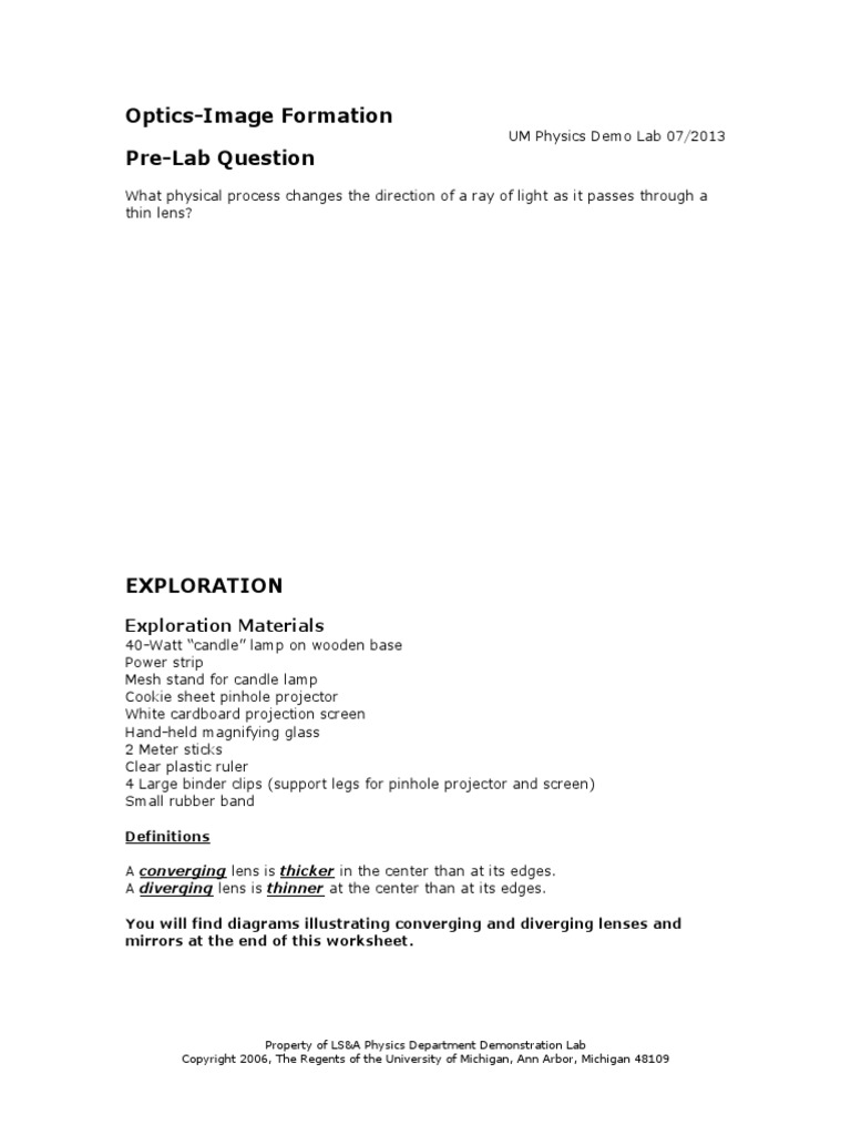 Optics-Image Formation - Student Worksheet | PDF