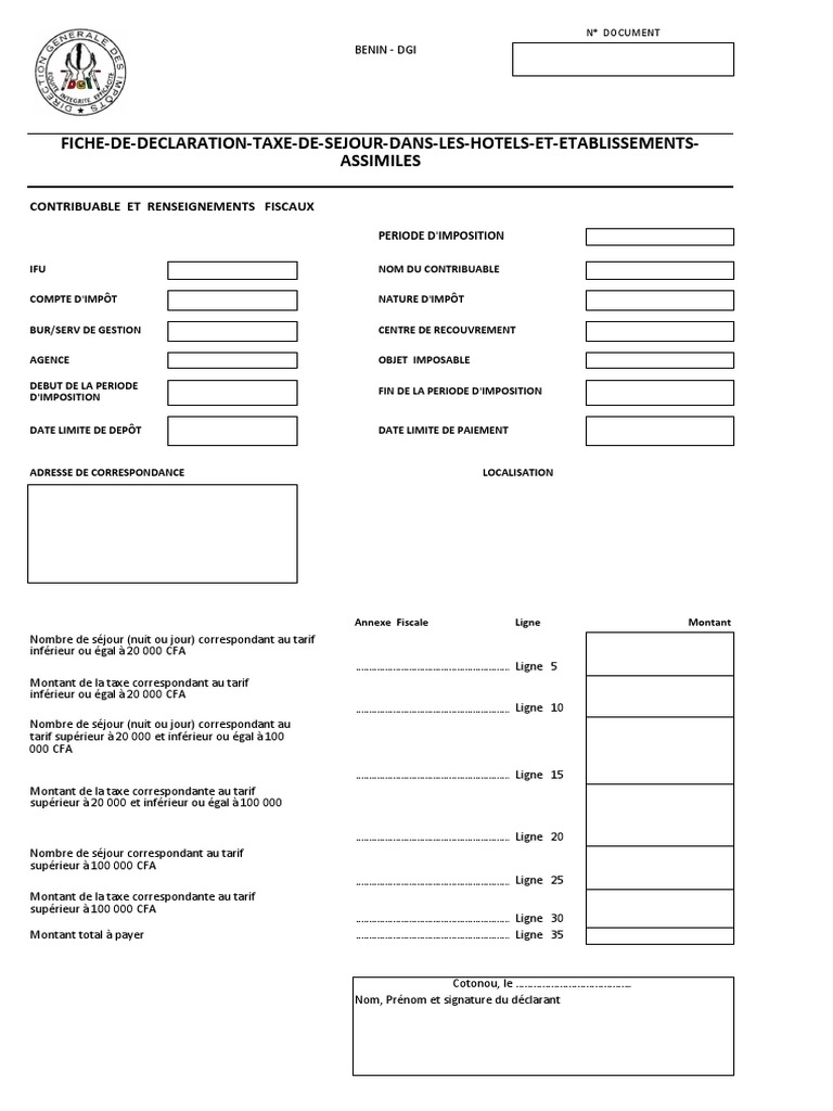 Déclaration de Taxe de Séjour Hôtel | PDF