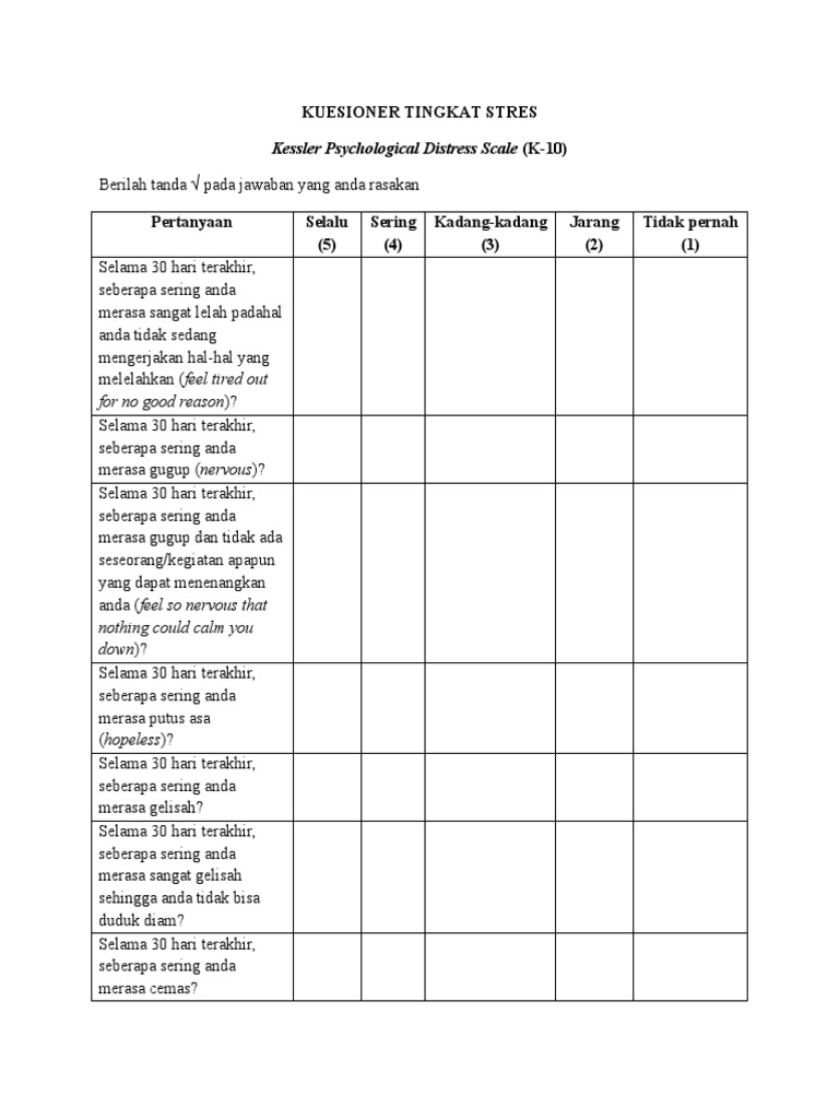 Kuesioner Kessler 10 untuk Stres | PDF