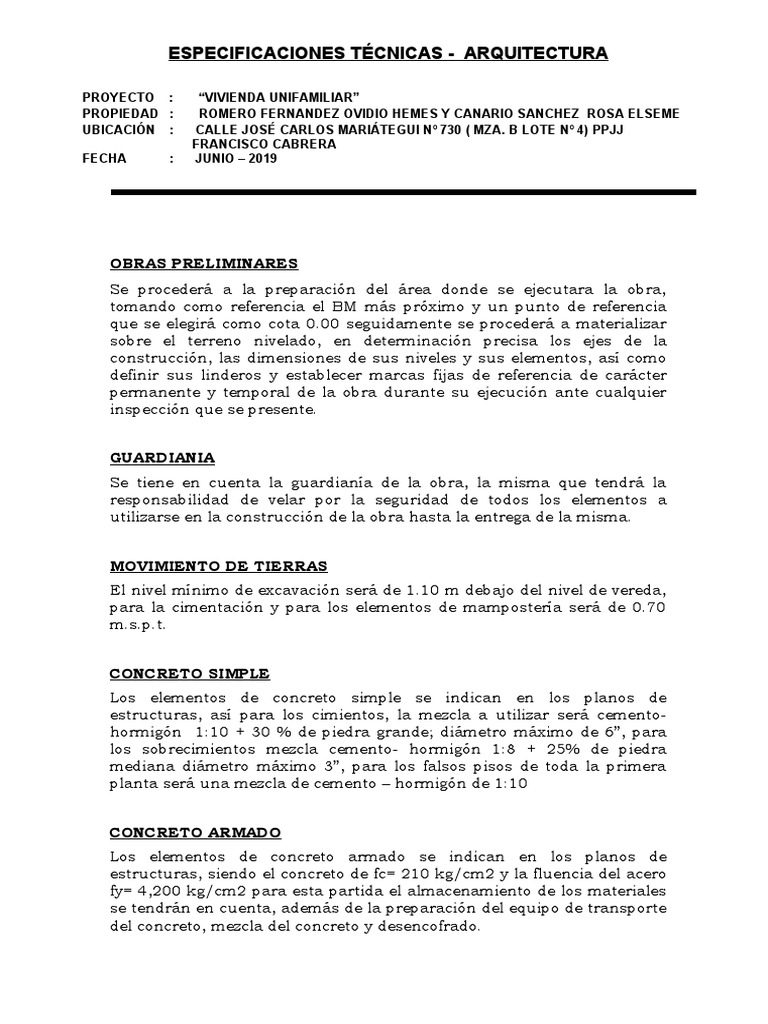 Especificaciones Tecnicas Arquitectura | PDF | Hormigón | Fundación (Ingeniería)