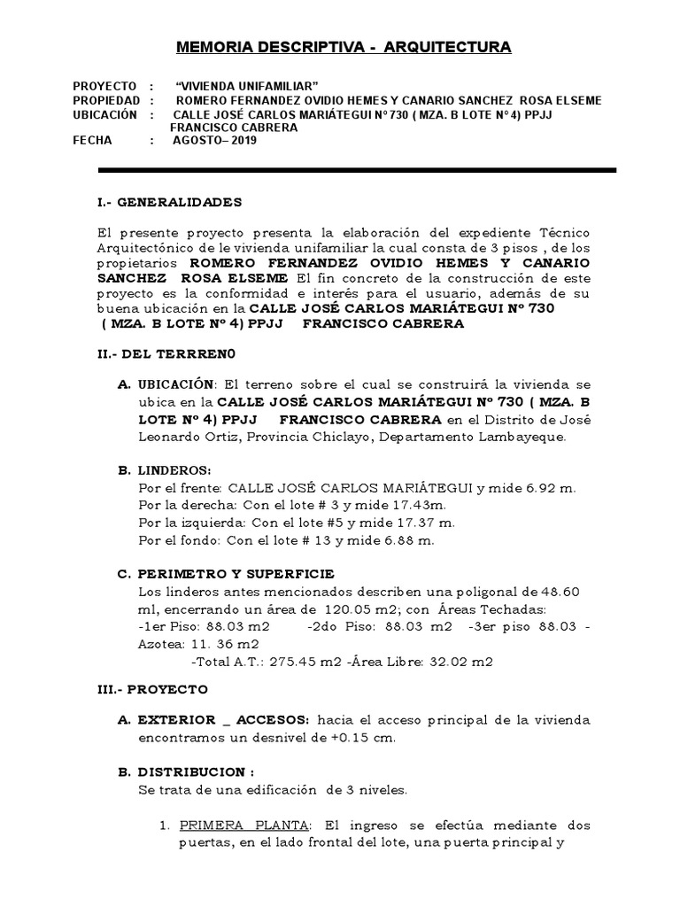 Memoria Descriptiva Arquitectura | PDF