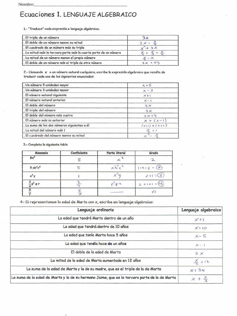 Ficha Lenguaje Algebraico | PDF