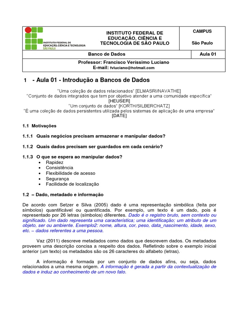 Aula 1 - Introducao A Banco de Dados | PDF | Bancos de dados | SQL