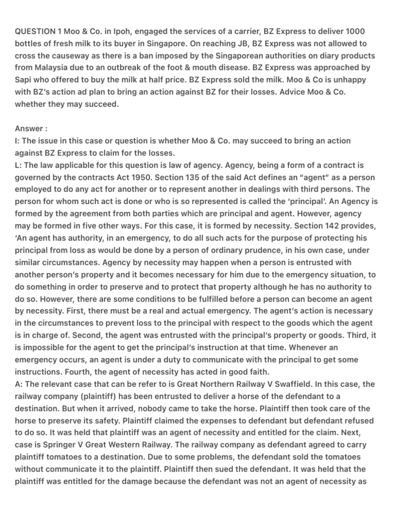 QUESTION 1 Moo & Co. in Ipoh, Engaged The Services of A Carrier, BZ ...