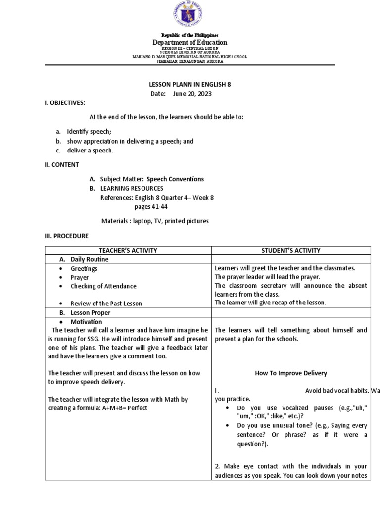 COT LESSON PLAN 2023 - 4th Q June | PDF | Speech | Teachers