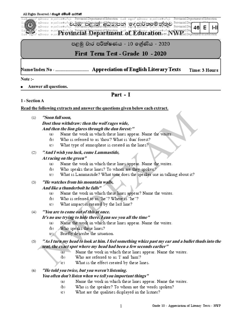 Grade 10 English Literature 1st Term Test Paper 2020 English Medium ...