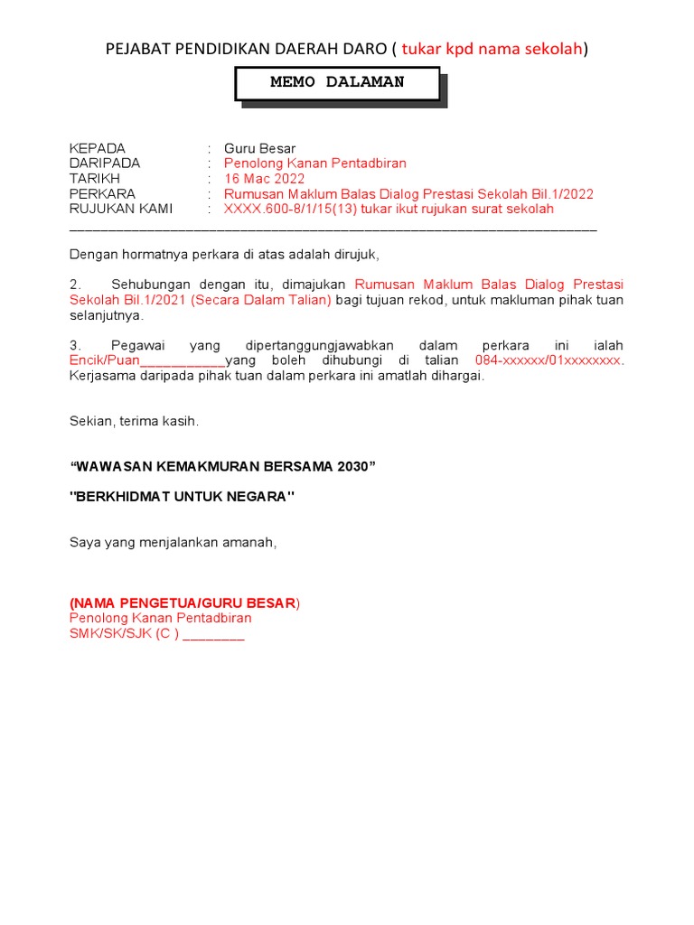 Contoh MEMO Rumusan Maklum Balas DP | PDF