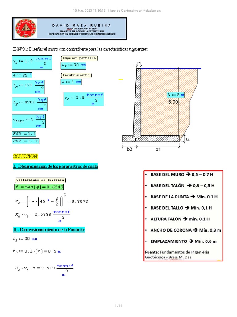 Diseño de Muro de Contención Voladizo | PDF