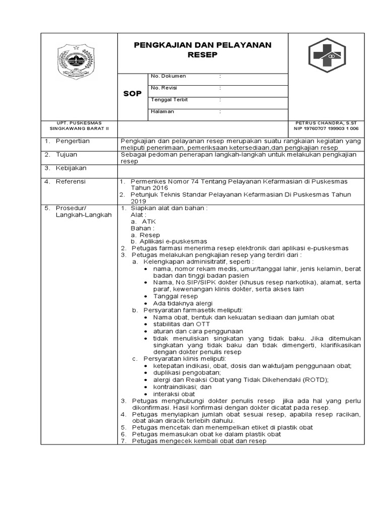 Sop Pengkajian Dan Pelayanan Resep | PDF | Pengembangan Diri | Kesehatan Holistik