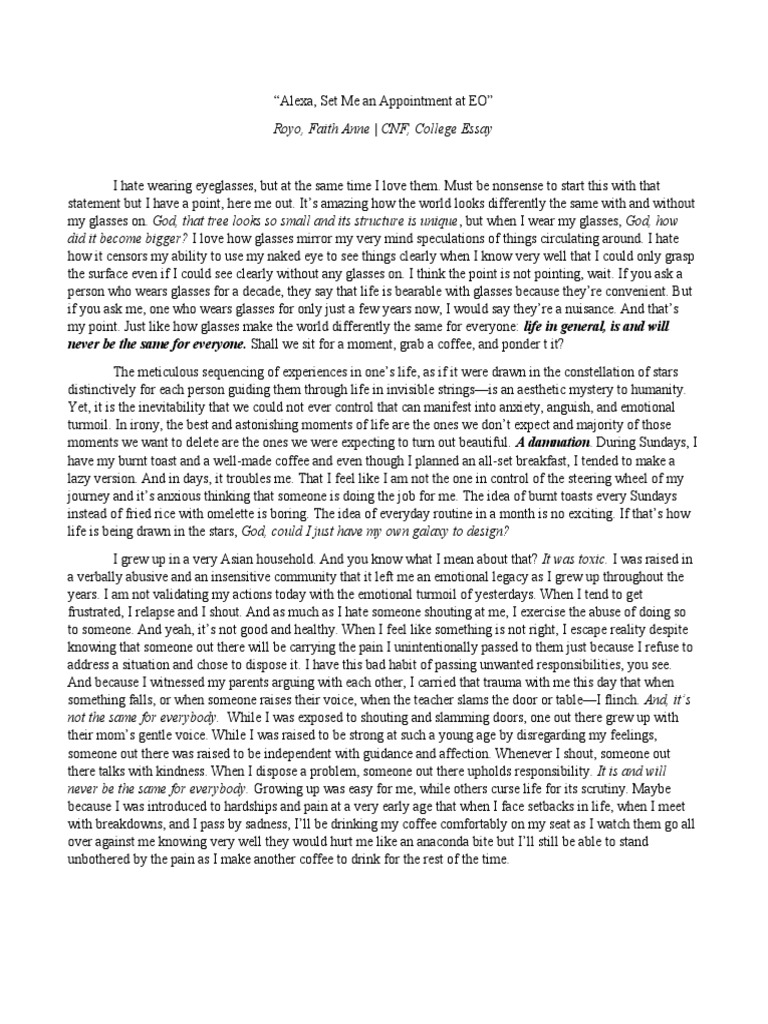 CNF, College Essay | PDF | Glasses
