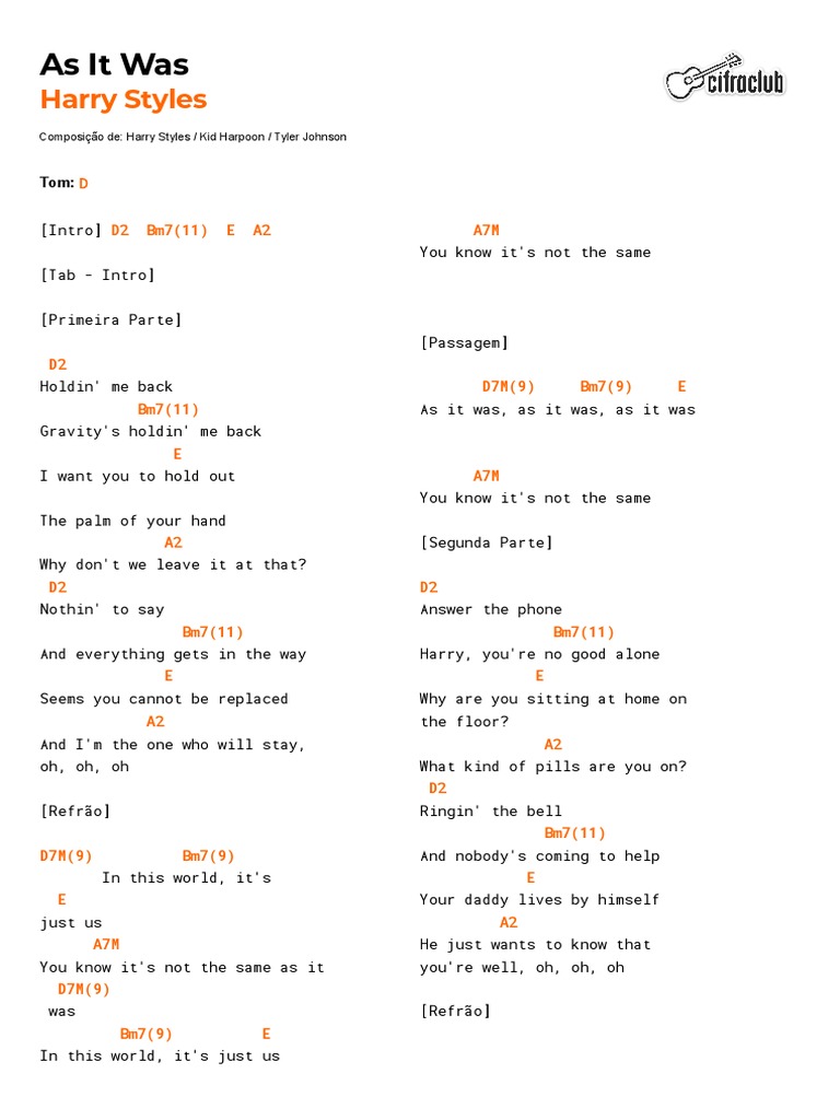As It Was - Harry Styles Lyrics | PDF