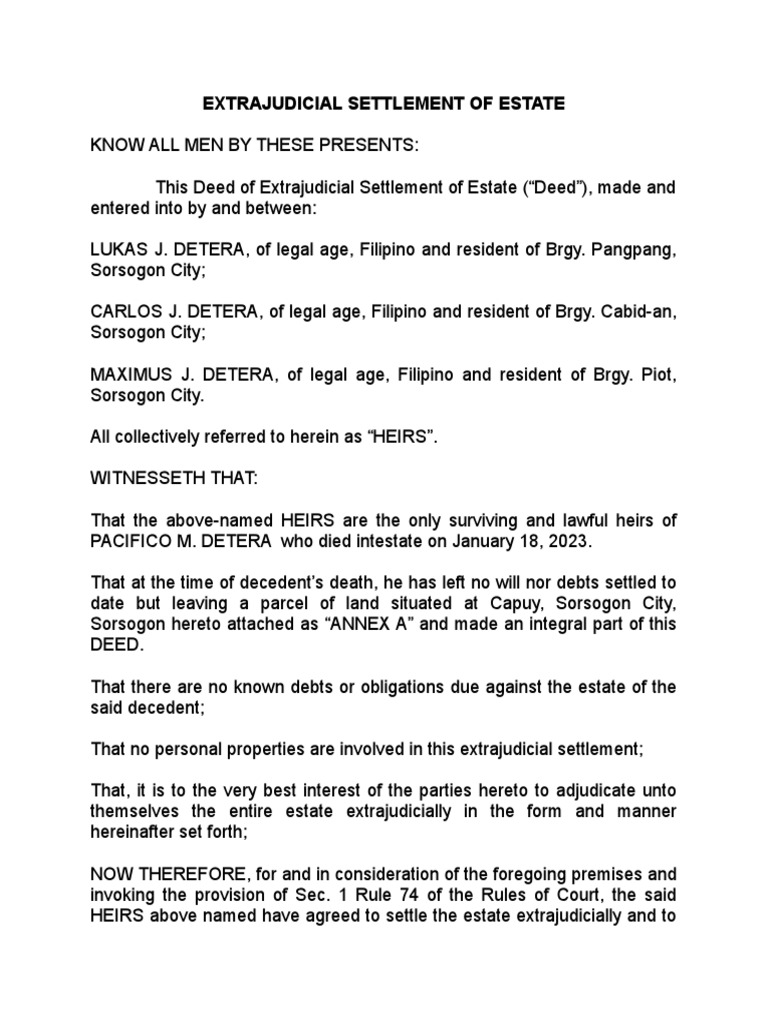 LA_EXTRAJUDICIAL SETTLEMENT OF ESTATE | PDF | Inheritance ...