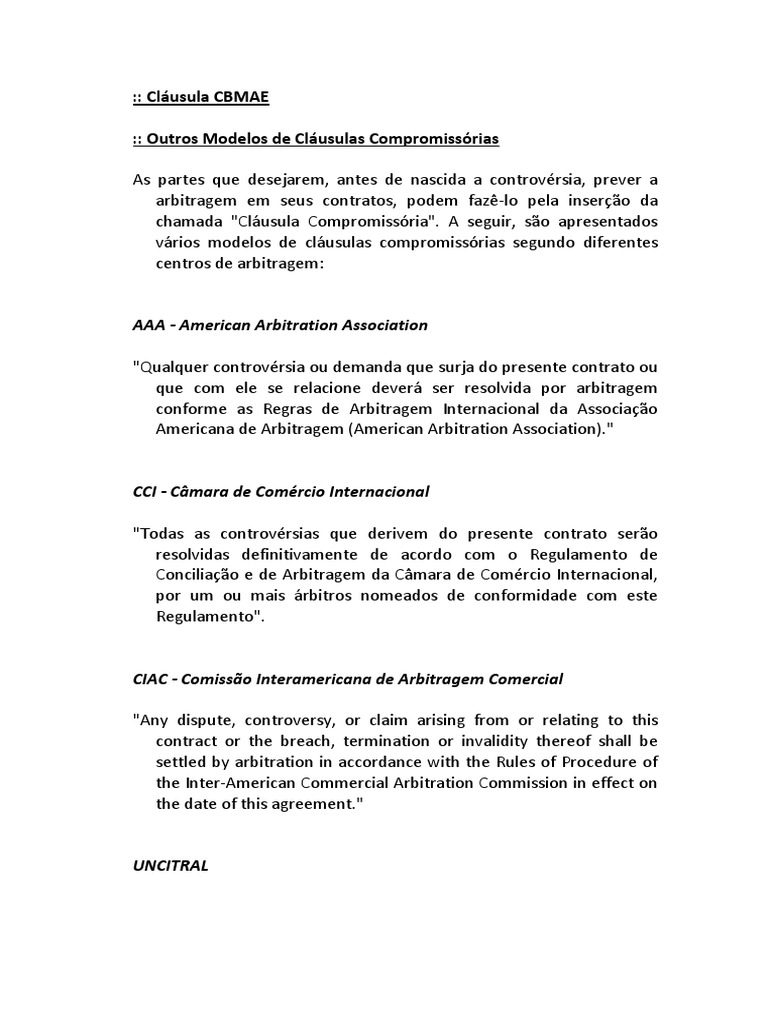 ARBITRAGEM - Cláusulas Arbitrais - Modelos | Download grátis PDF ...