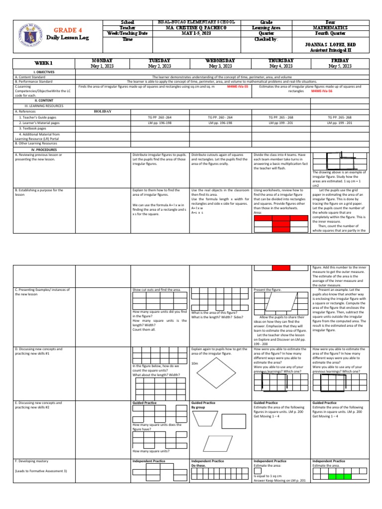 Grade 4 DLL Quarter 4 Week 1 (Sir Bien Cruz) | PDF | Area | Elementary ...