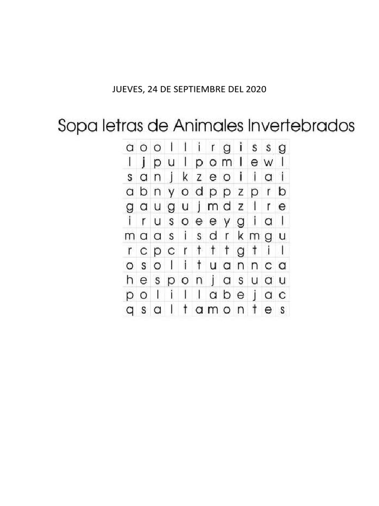 Sopa de Letra de Animales Invertebrados | PDF