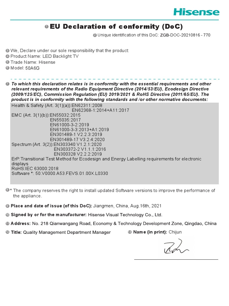 Declaration of Conformity (DoC) - 50A6G | PDF
