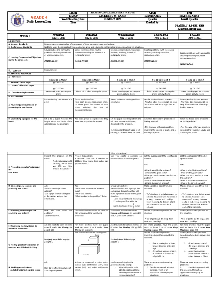 Grade 4 DLL Quarter 4 Week 6( Sir Bien Cruz ) | PDF | Volume | Mathematics