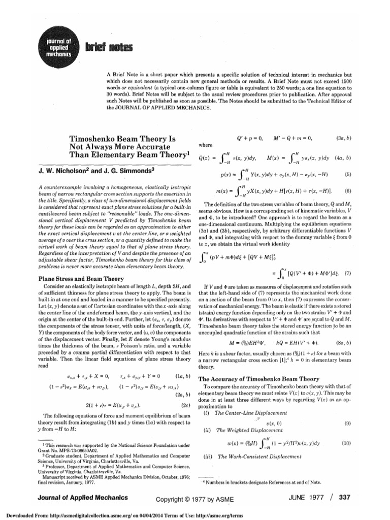 Timoshenko Beam Theory Is Not Always More Accurate Than Elementary Beam Theory | PDF | Beam ...