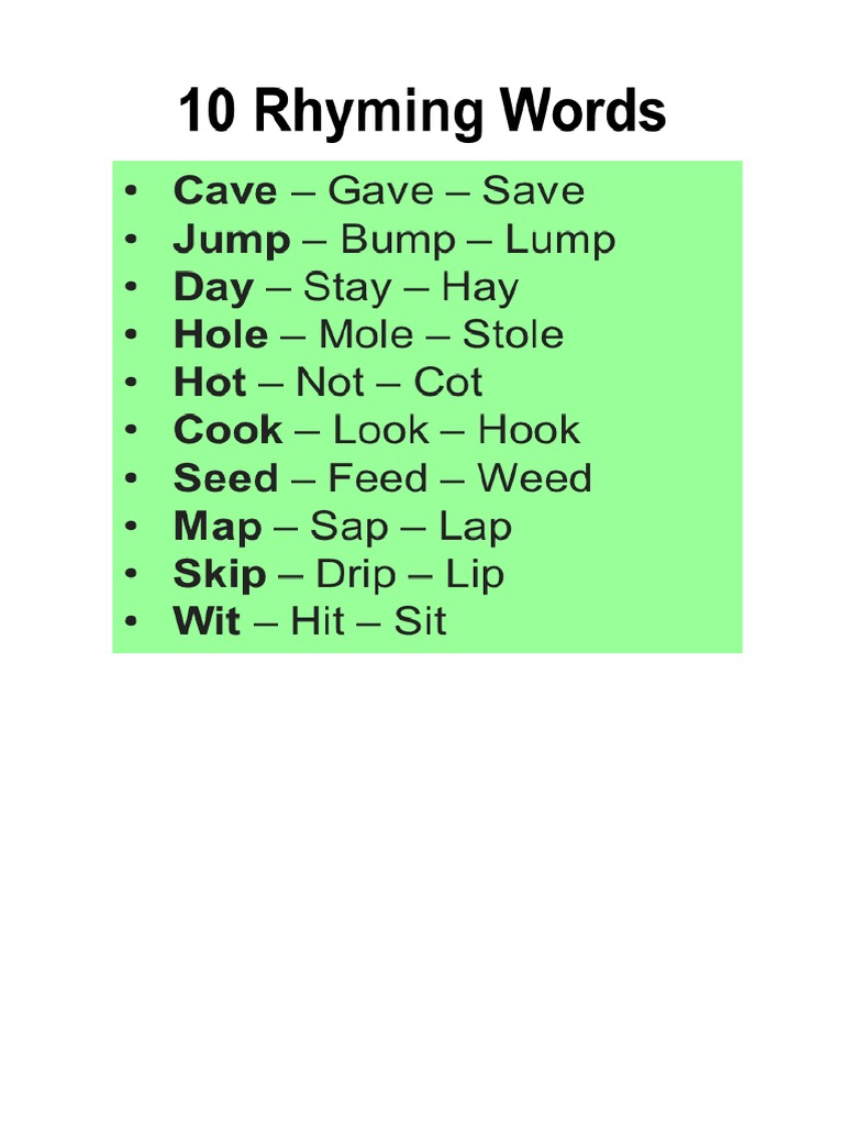 10 Rhyming Words | PDF 10 Rhyming Words | PDF