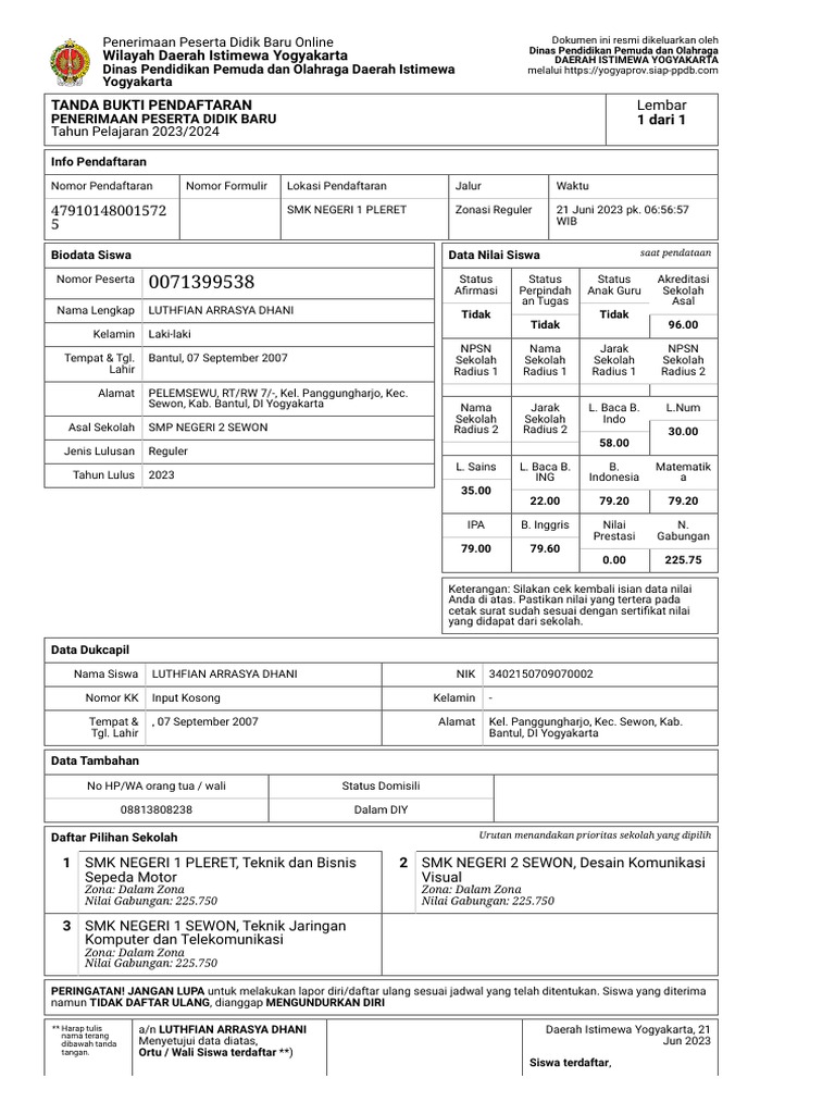 Tanda Bukti Pendaftaran - 0071399538 - LUTHFIAN ARRASYA DHANI | PDF
