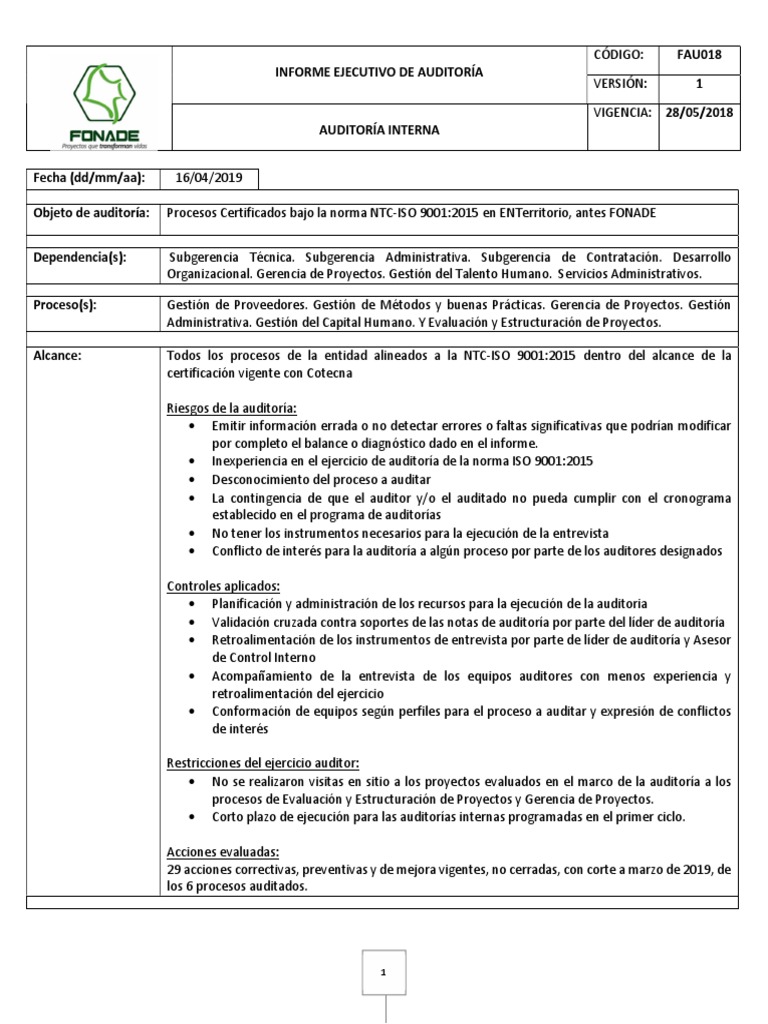 Inf Auditoria Iso 9001-2015 Primer Ciclo Abril 2019 | PDF