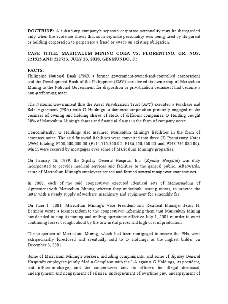 Maricalum Mining vs. G Holdings Ruling | PDF