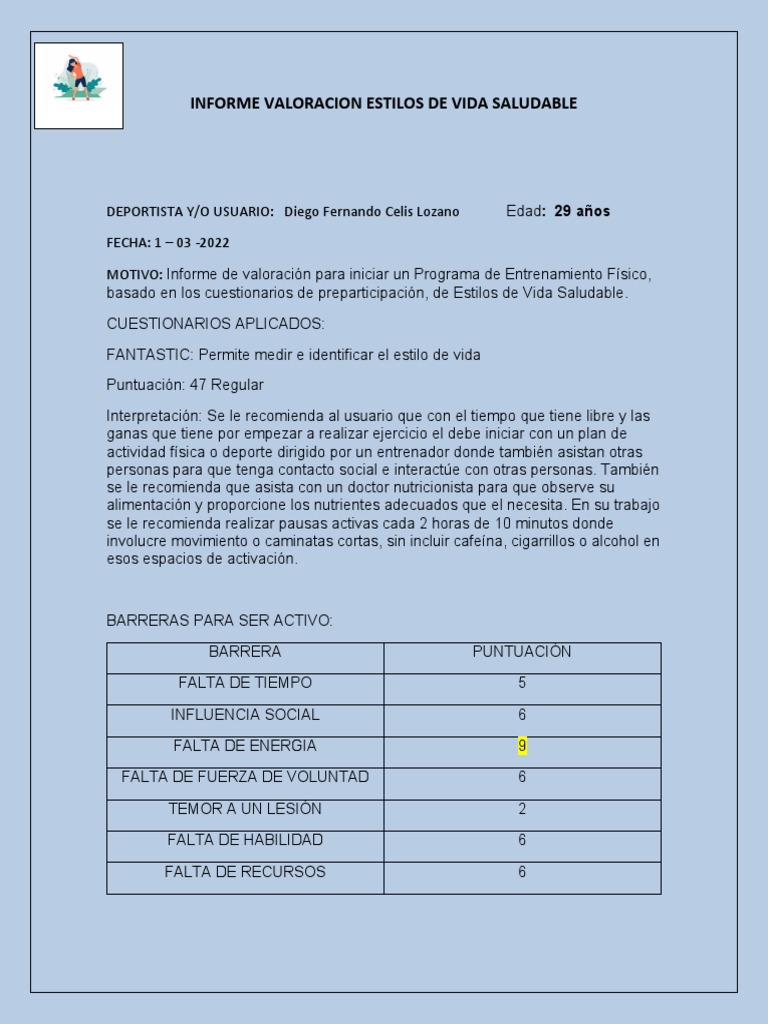 INFORME DE VALORACIÓN ESTILOS DE VIDA SALUDABLE Diego Celis | PDF