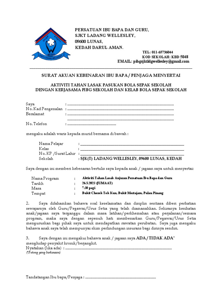 SURAT AKUAN AKTIVITI TAHAN LASAK PIBG KEPADA SEKOLAH | PDF