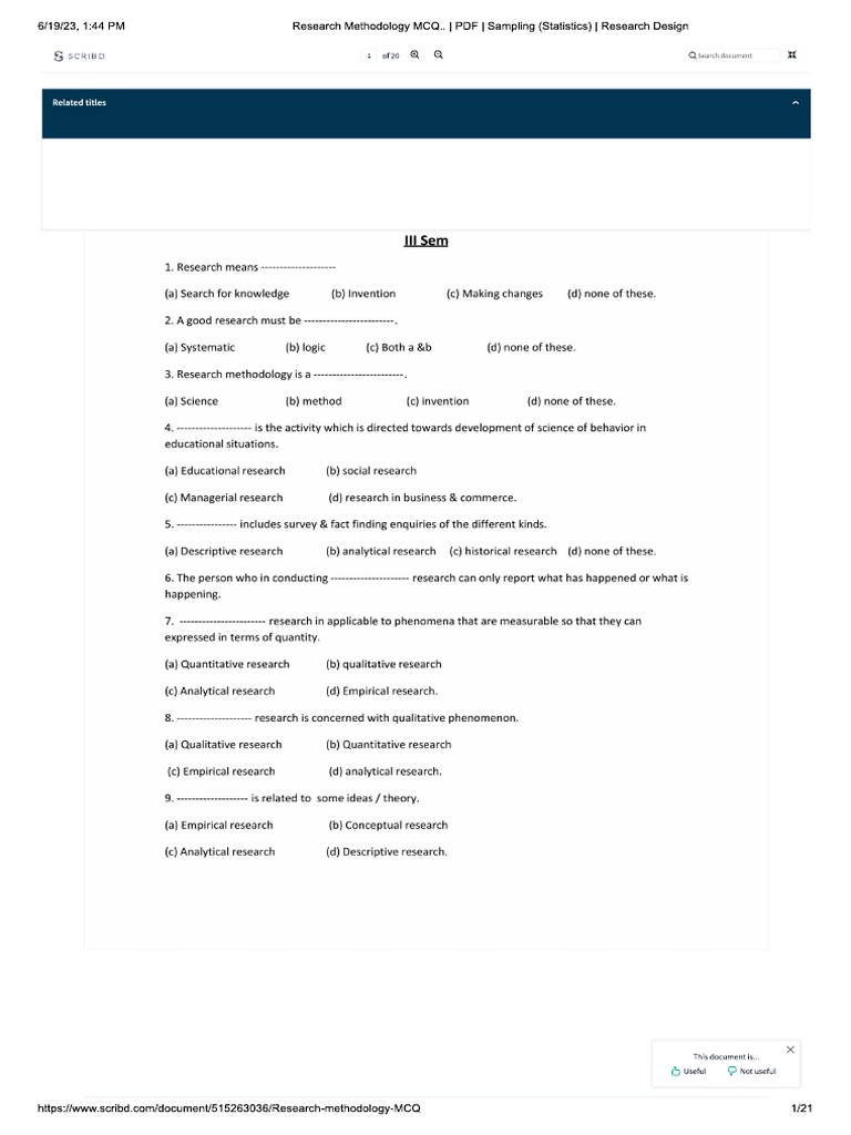 Research Methodology MCQ.. - PDF - Sampling (Statistics) - Research Design | PDF | Methodology ...