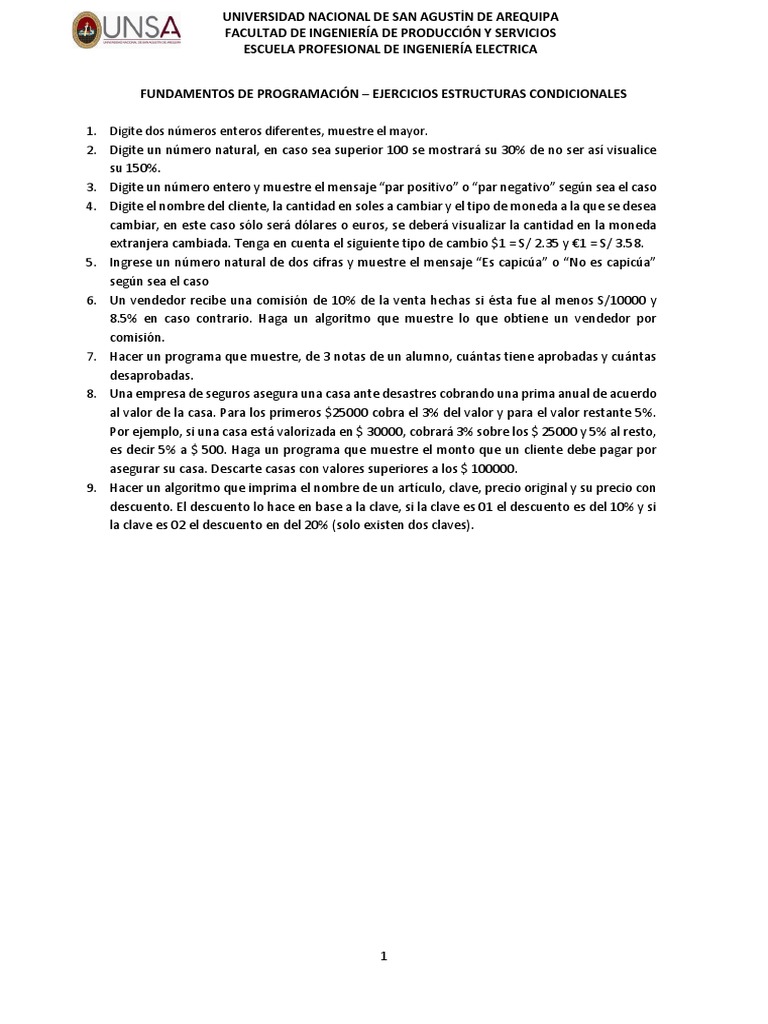 Ejercicios de Estructuras Condicionales | PDF