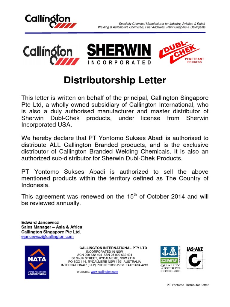 Callington Sherwin Distributor Letter-2015 | PDF | Business
