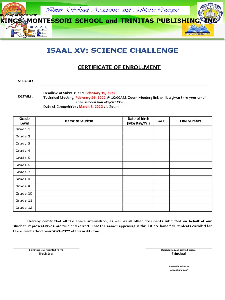 ISAAL Science Challenge 2022 Certificate of Enrollment | PDF