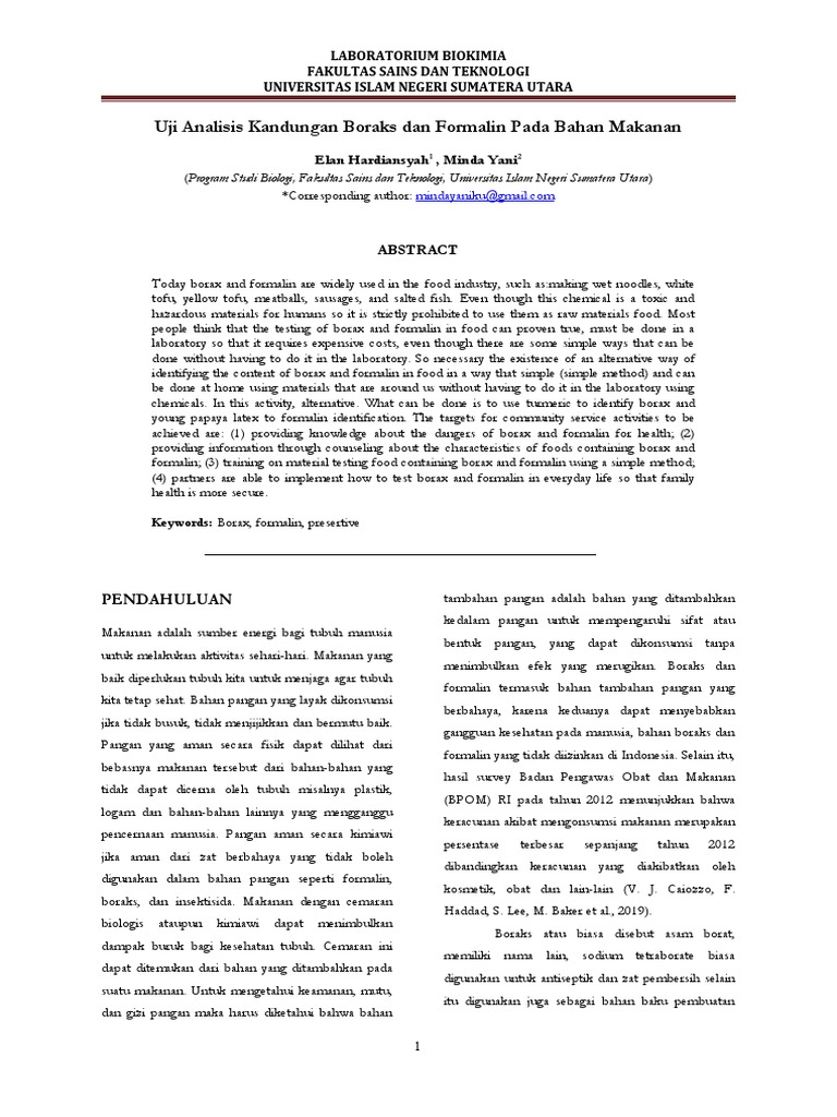 Uji Analisis Kandungan Boraks Dan Formalin Pada Bahan Makanan 1 | PDF ...
