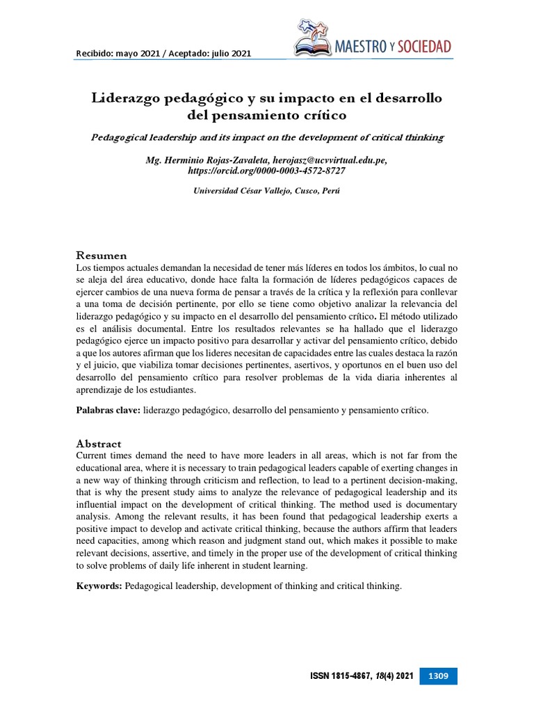 Liderazgo Pedagógico y Su Impacto en El Desarrollo Del Pensamiento ...