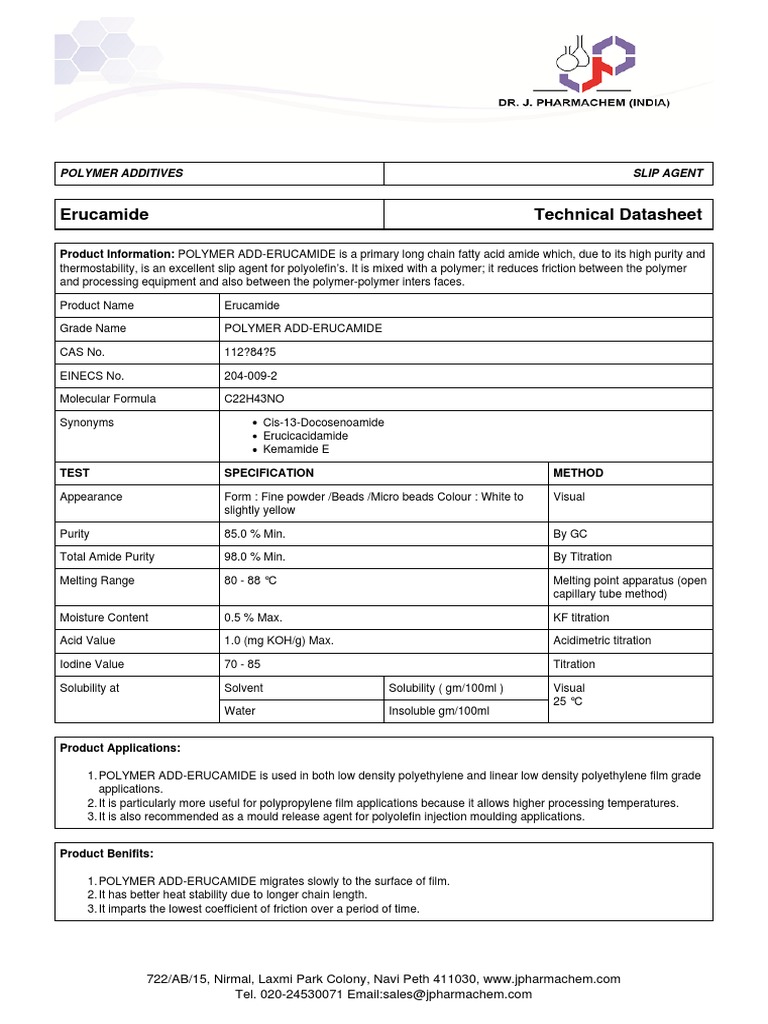 Erucamide Technical Datasheet: Polymer Additives Slip Agent | PDF