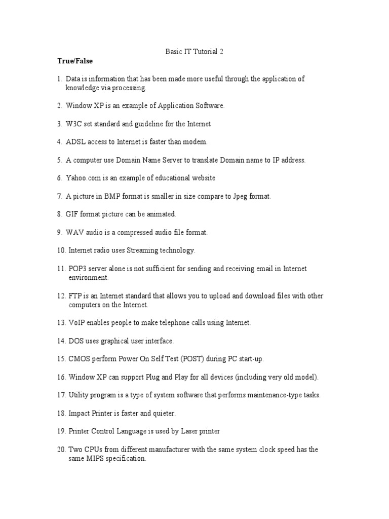 Basic IT Concepts: True/False Quiz | PDF | Internet | Bit