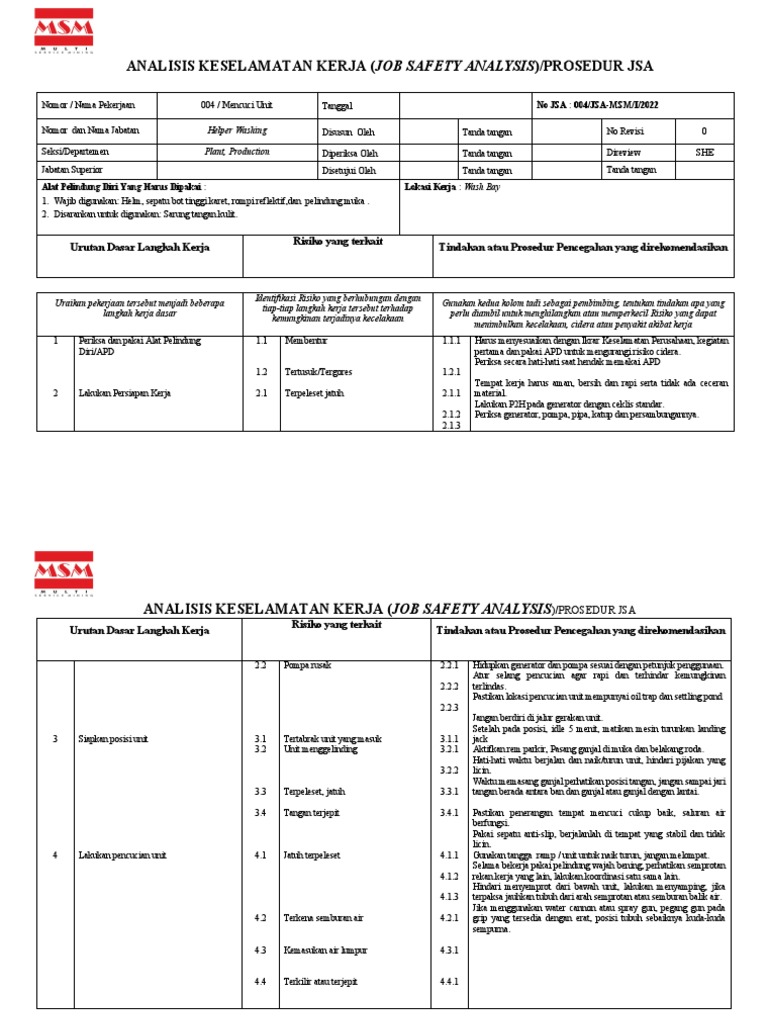 JSA Mencuci Unit | PDF