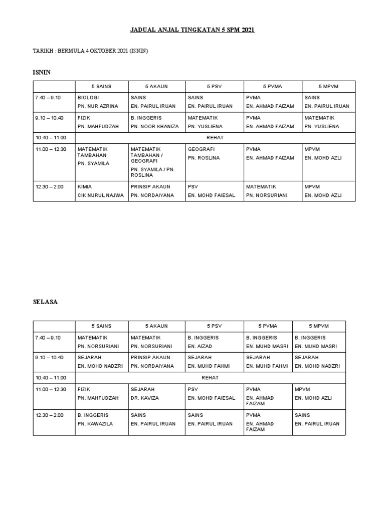 Jadual Anjal Tingkatan 5 202 - 4okt | PDF