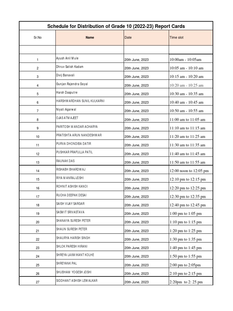 Time Slots - Grade 10 For Distribution of Marksheet | PDF