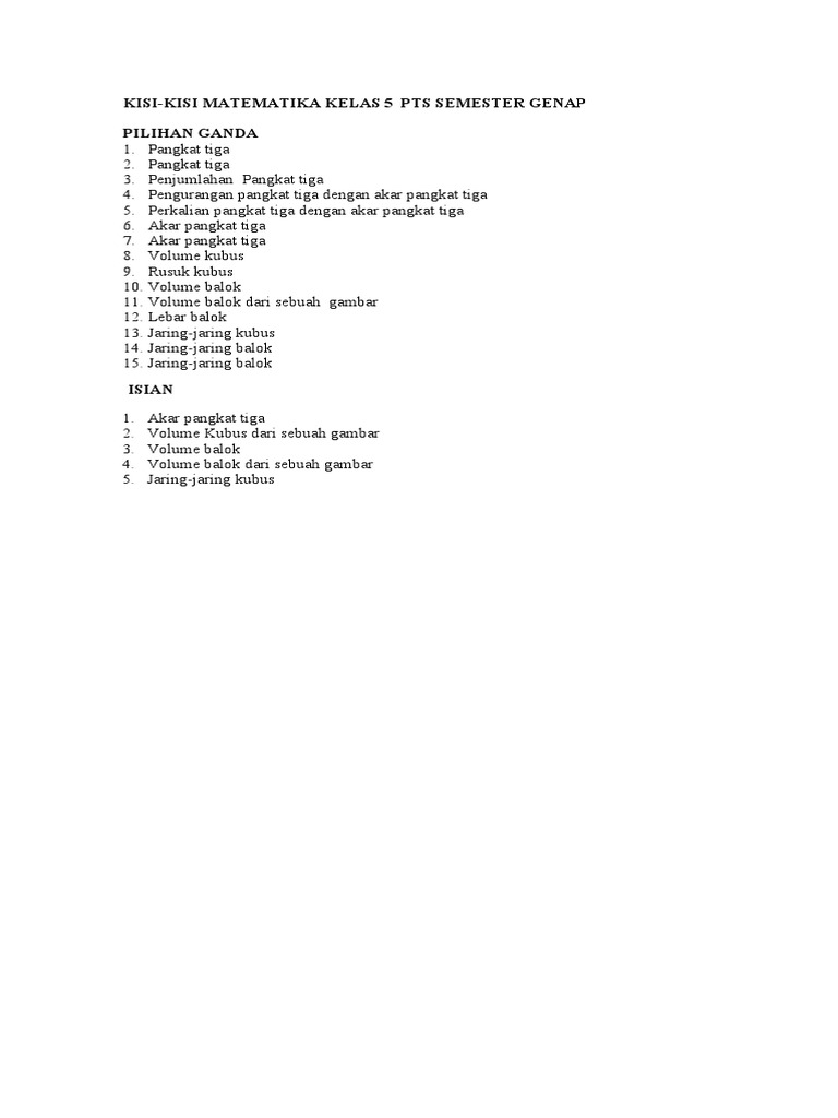 Kisi-Kisi Pts MTK Kelas 5 Semester 2 2023 | PDF