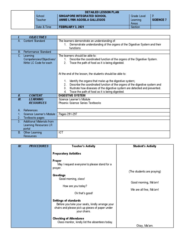 Detailed Lesson Plan-Jhs | PDF | Gastrointestinal Tract | Small Intestine