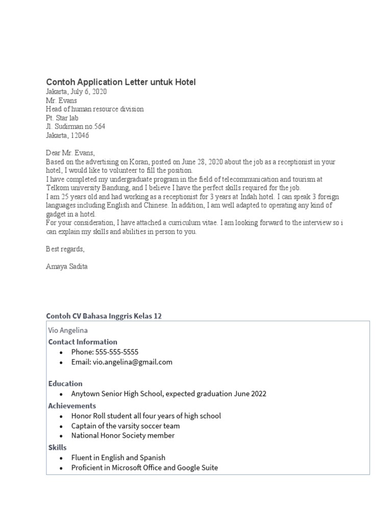 Contoh Aplication Letter Dan CV Serta Contoh Pertanyaan Interview | PDF ...
