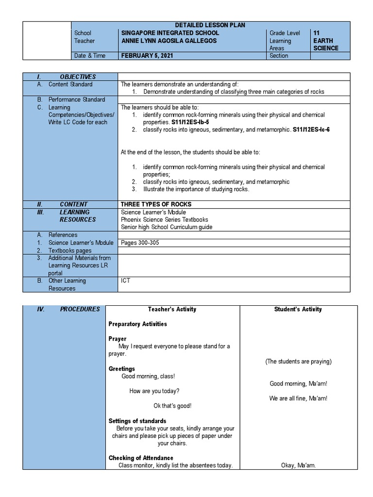 Detailed Lesson Plan-Shs | PDF | Rock (Geology) | Sedimentary Rock