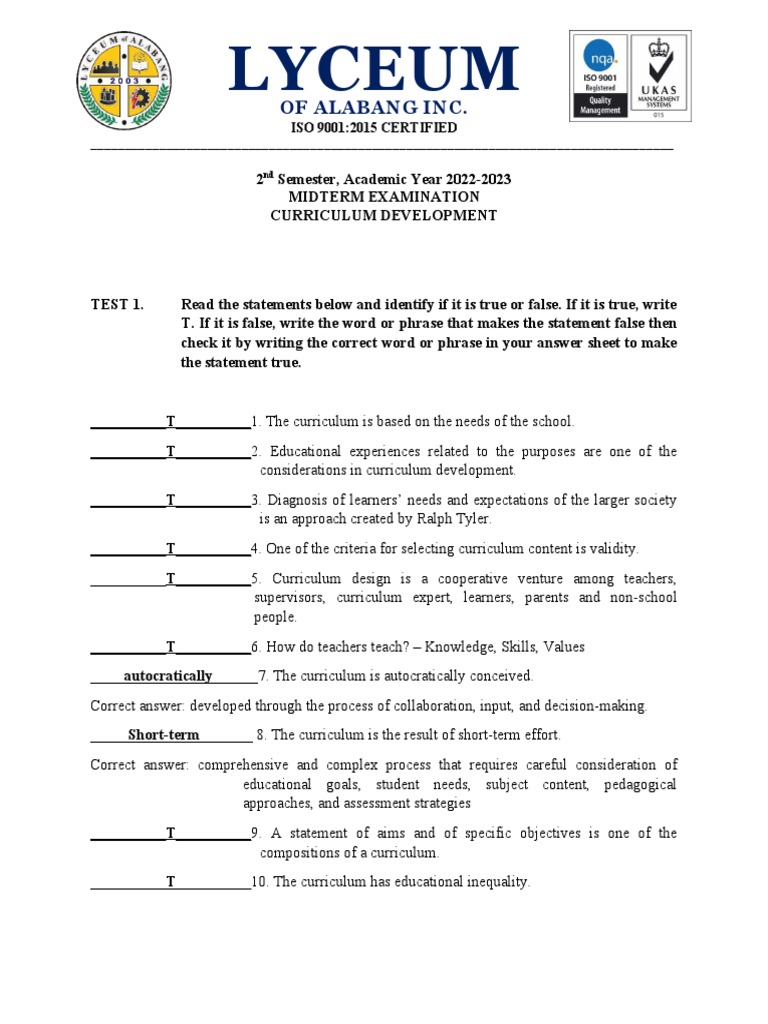 Curriculum Development - Midterm Examination | PDF | Curriculum | Teachers