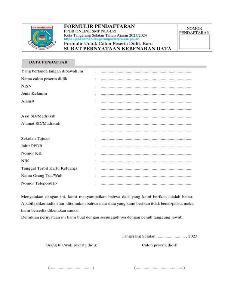 Form Penyataan Masuk SMP | PDF