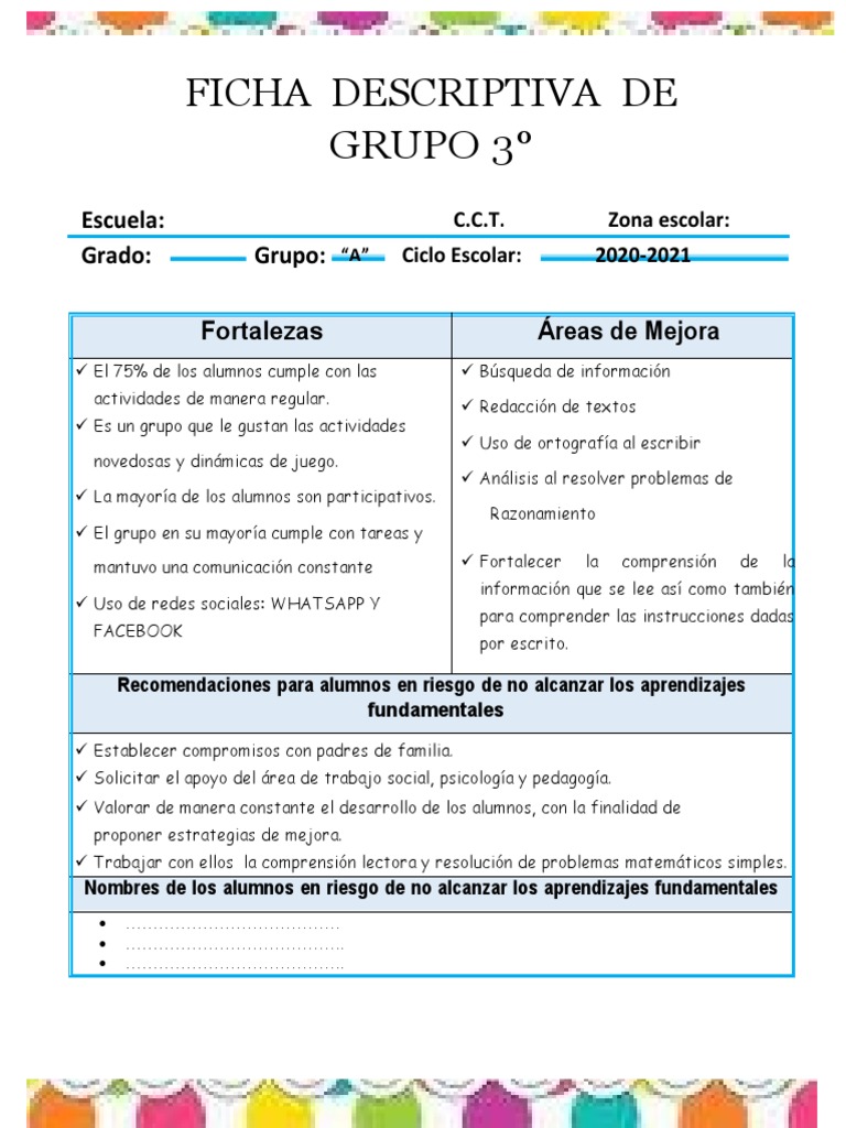 ?3° Fichas Descriptivas de Grupo y de Alumnos | PDF | Comprensión lectora | Aprendizaje