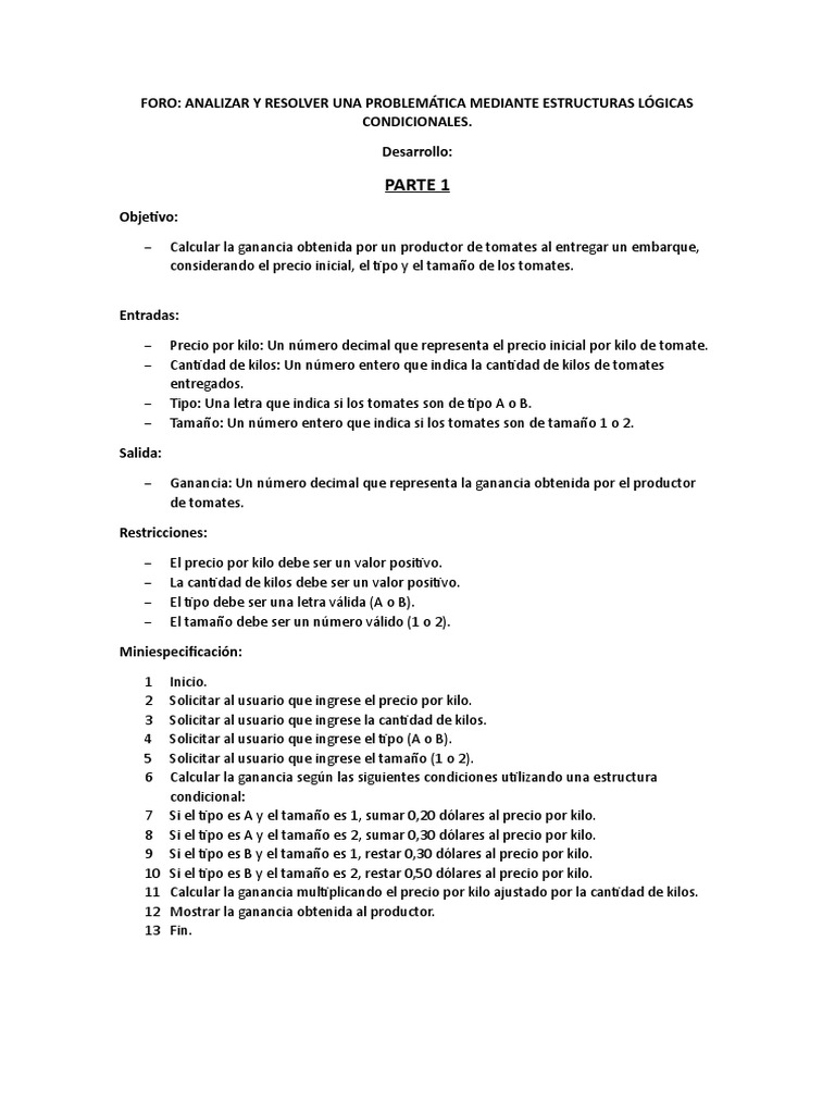 Analizar y Resolver Una Problemática Mediante Estructuras Lógicas Condicionales. - Foro 1 (B2) | PDF