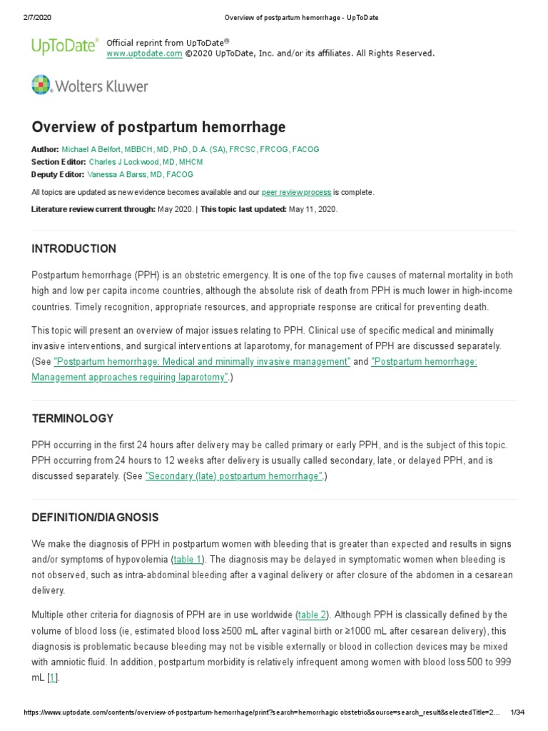 Overview of Postpartum Hemorrhage - UpToDate | PDF