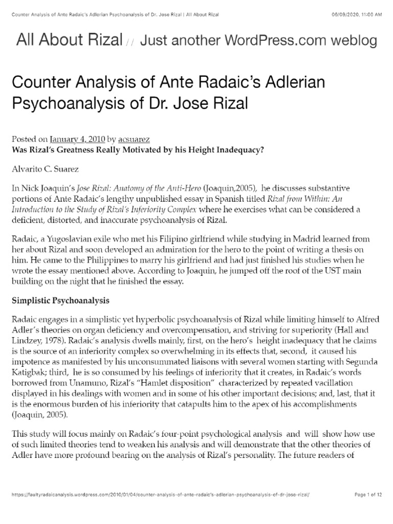 Counter Analysis of Ante Radaics Adlerian Psychoanalysis of Dr. Jose Rizal - All About Rizal ...