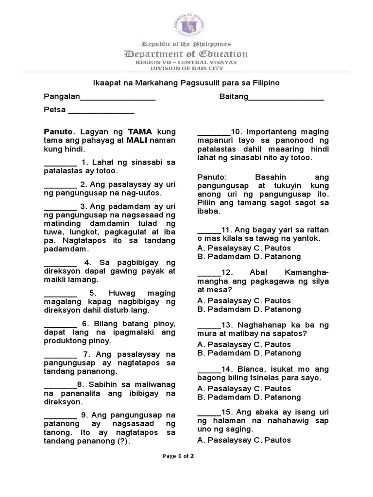 4th Quarter Exam Filipino | PDF